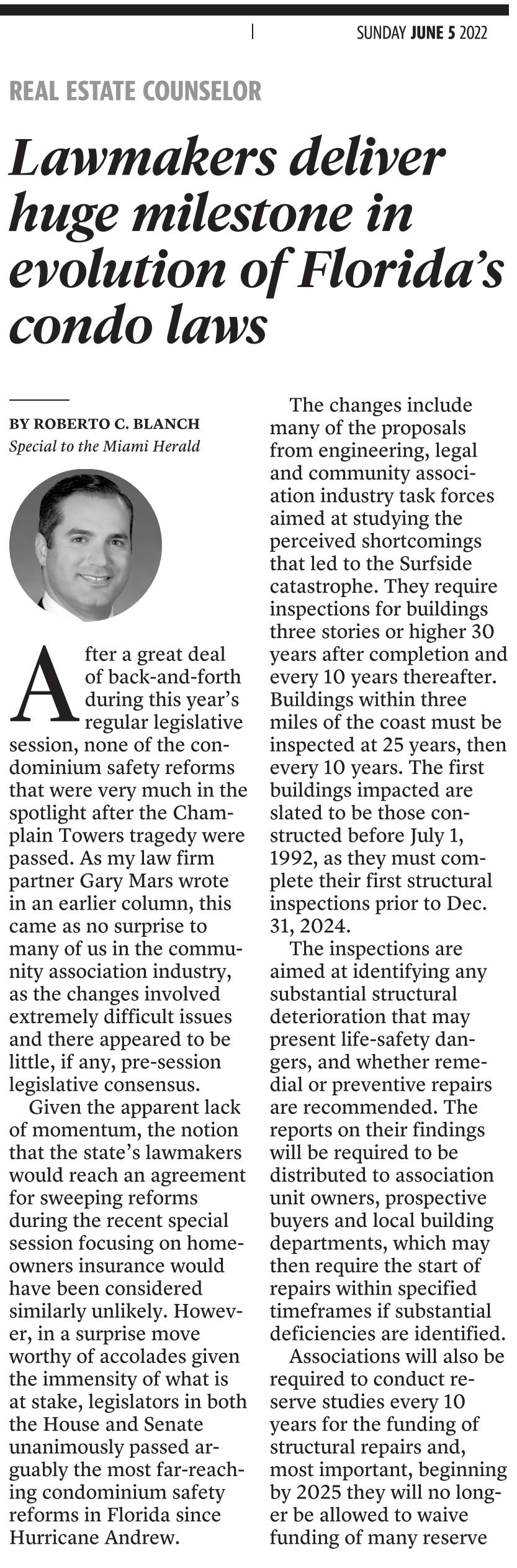 Miami Herald Real Estate Column by Roberto Blanch: "Lawmakers Deliver ...