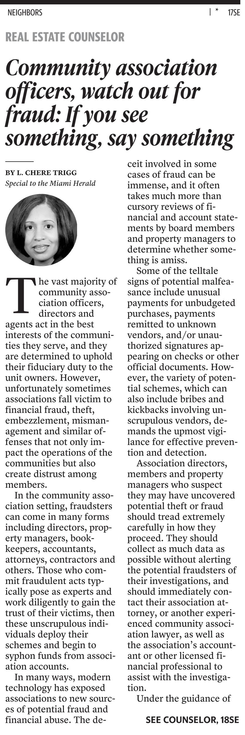 Miami Herald Column by L. Chere Trigg: "Community Association Officers ...